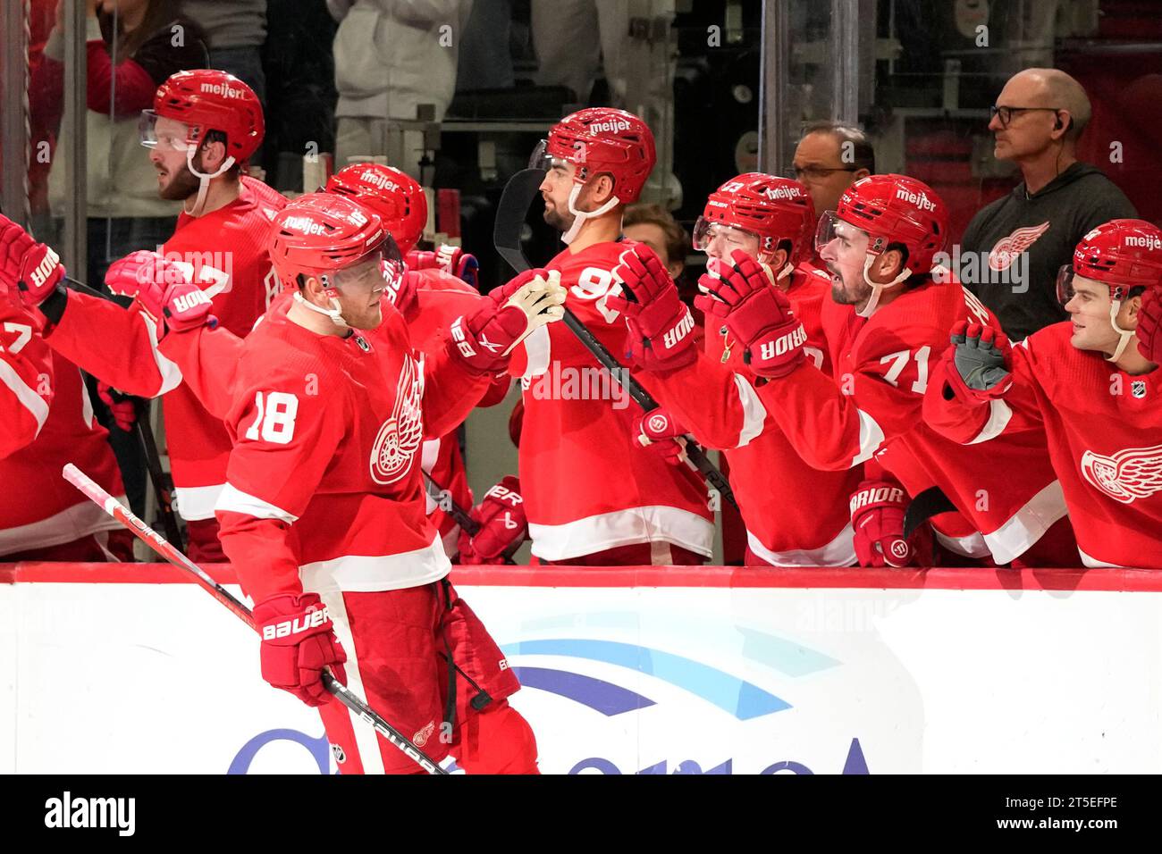 Detroit Red Wings center Andrew Copp (18) greets teammates after ...