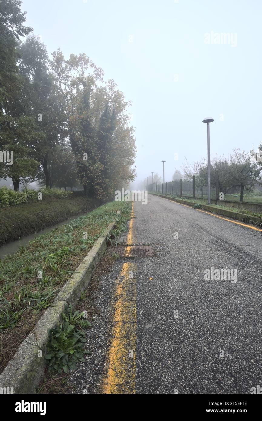 Bike lane on a foggy day next to a trench with water on a foggy day in ...