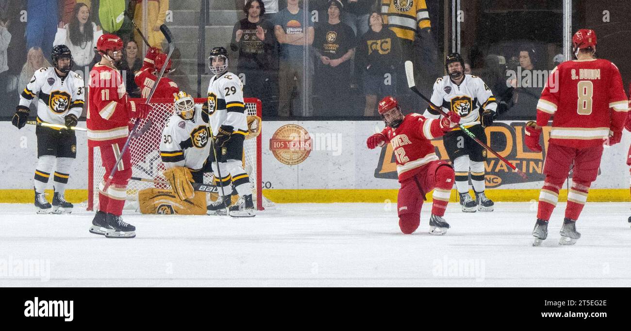 Denver forward Sam Harris (12) celebrates after scoring against ...
