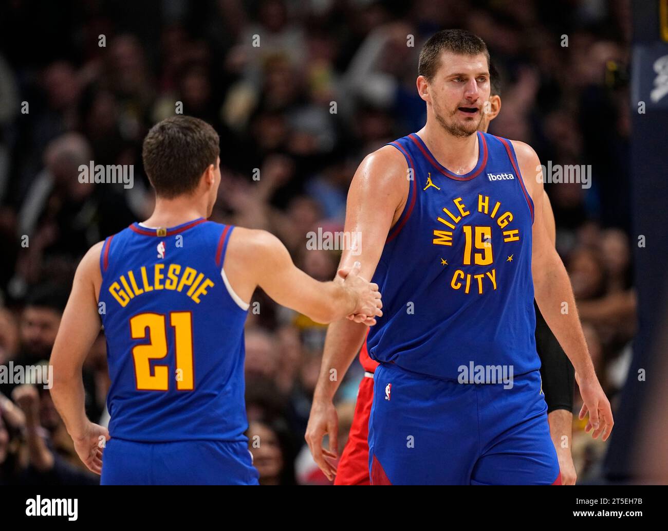 Denver Nuggets center Nikola Jokic (15) celebrates a basket against the ...