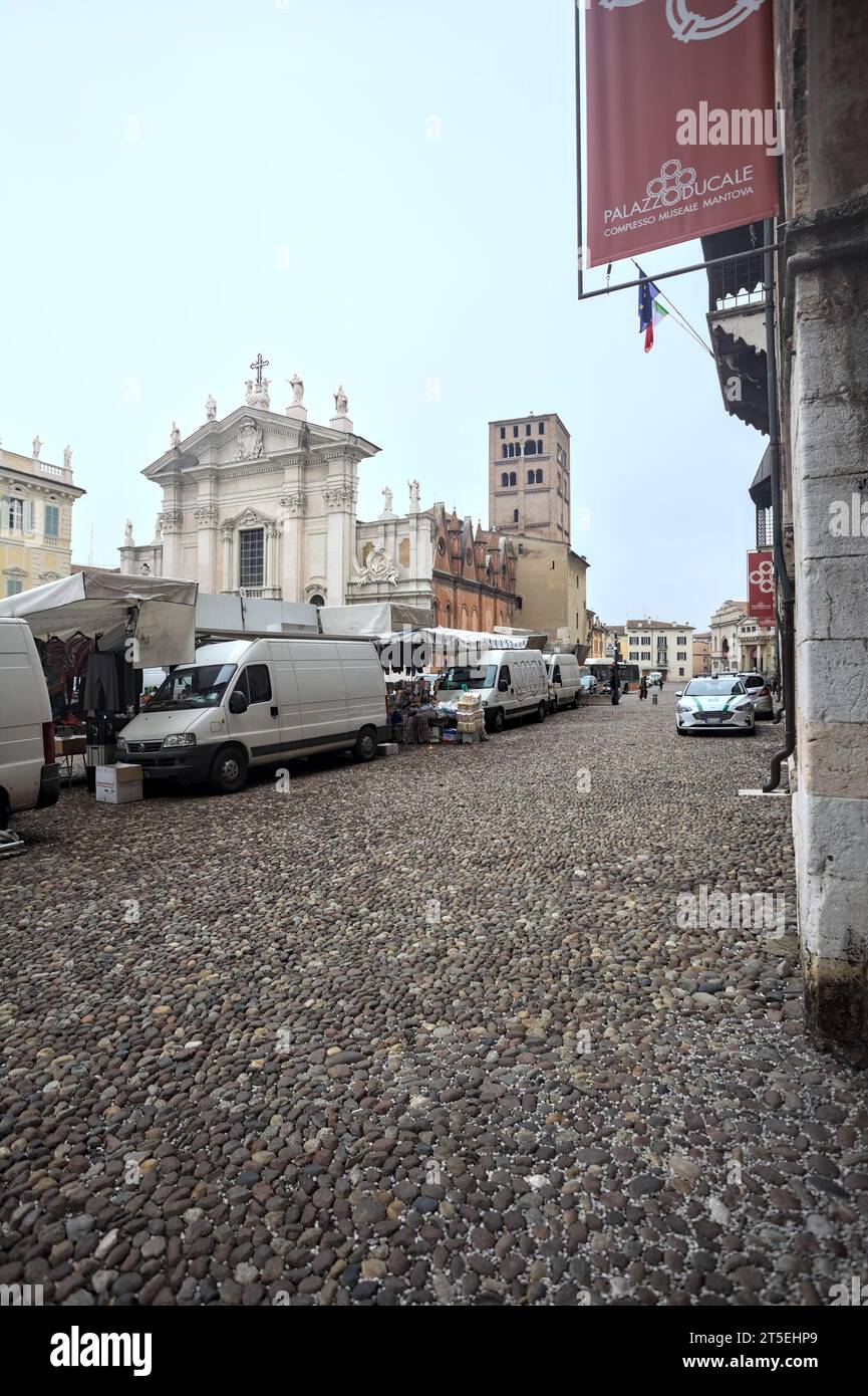 Mantova, Italy - October 2023 - Cobbled square in an italian town with ...
