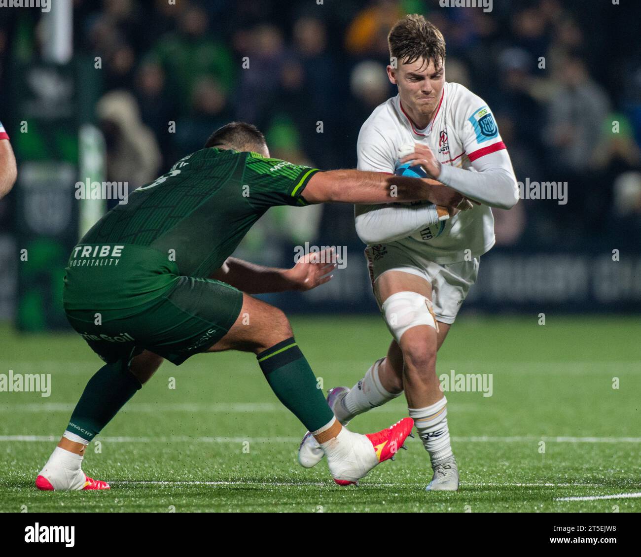 Galway, Ireland. 05th Nov, 2023. Jake Flannery of Ulster tackled by ...