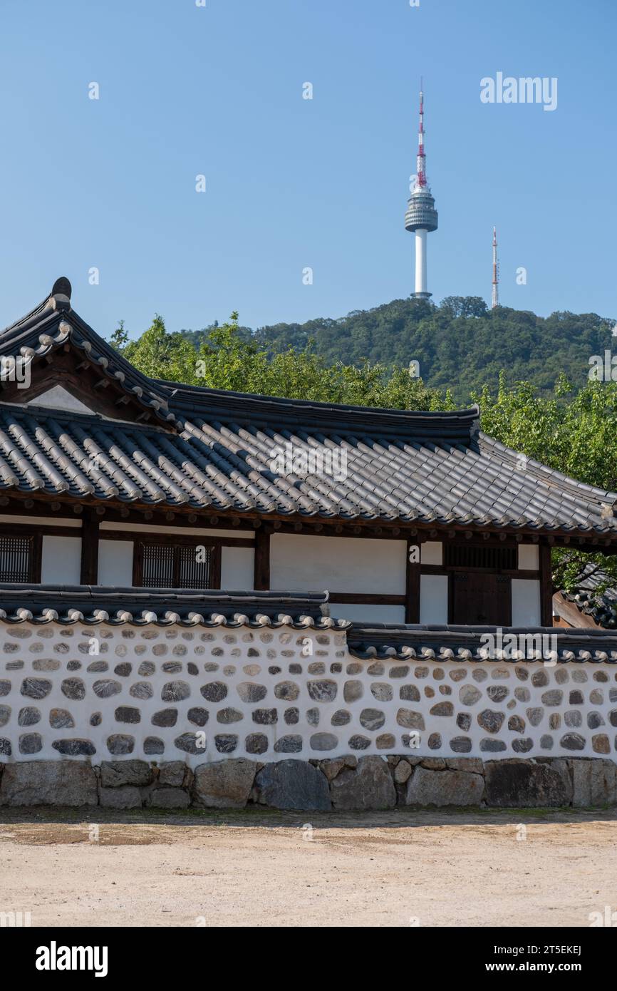 Traditional Korean building in Namsangol Hanok village, with view of N ...