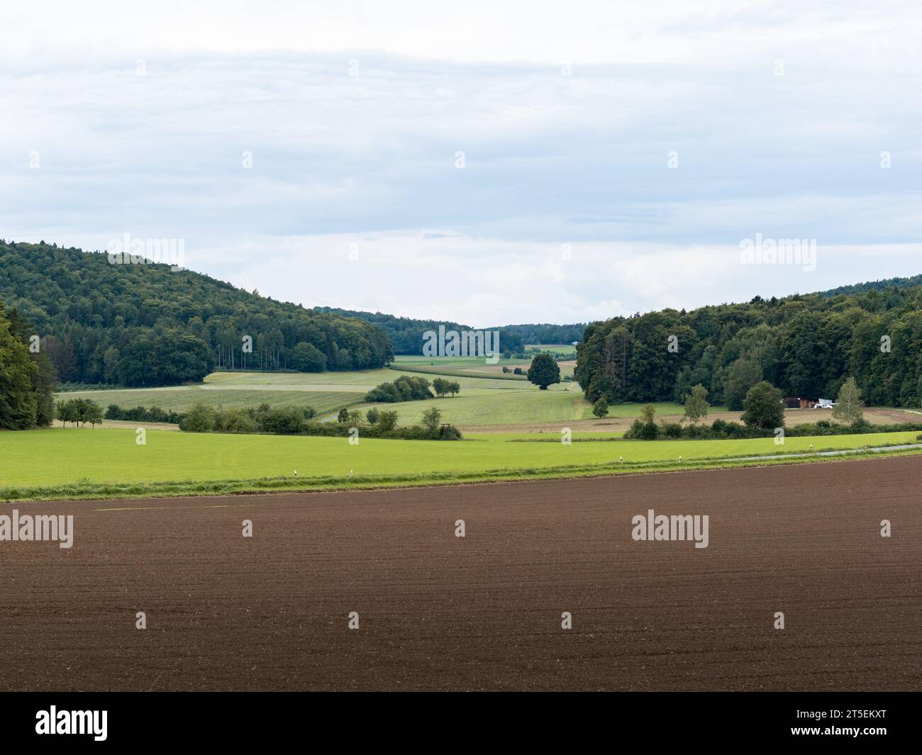 Empty agricultural fields and meadows in a landscape in Germany. Rural ...