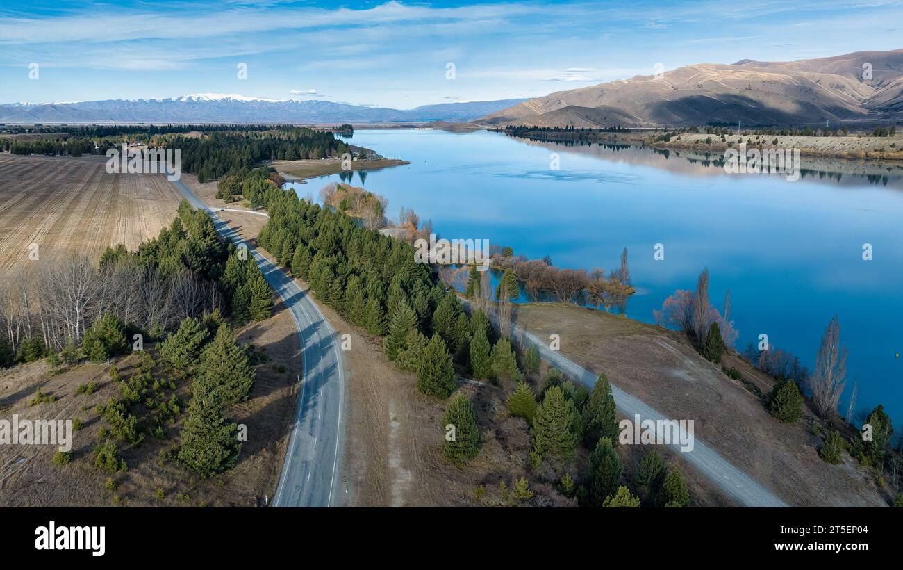 Lake Ruataniwha rowing course scenery viewed from a drone above the ...
