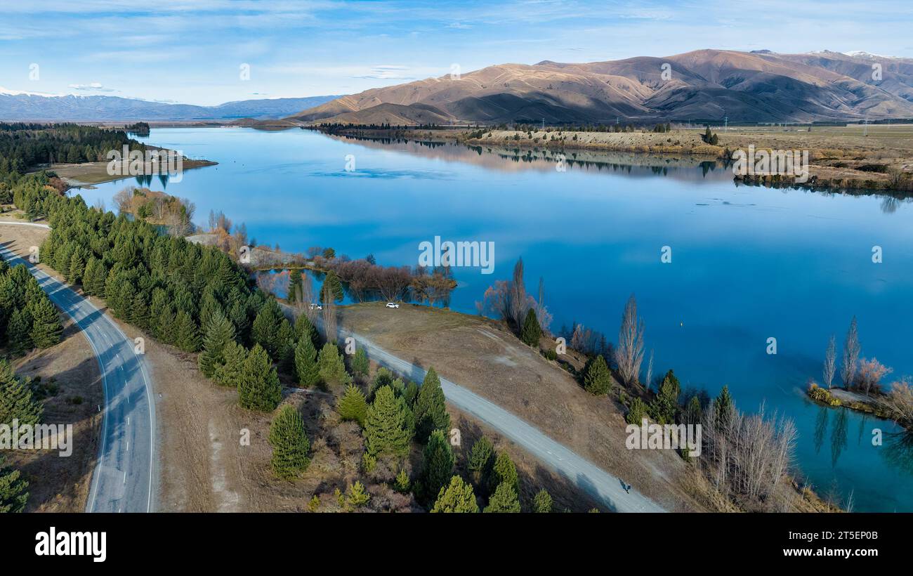 Lake Ruataniwha rowing course scenery viewed from a drone above the ...