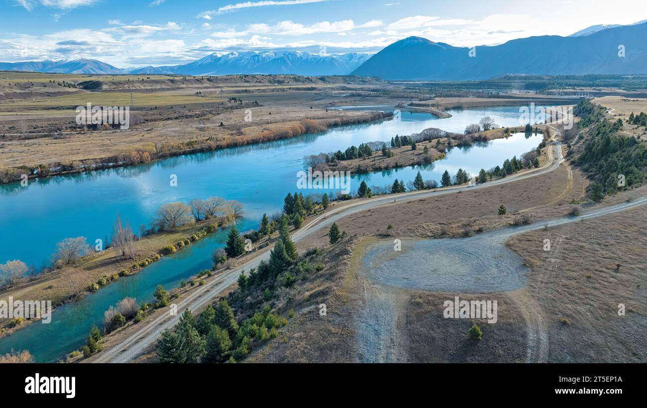 Lake Ruataniwha rowing course scenery viewed from a drone above the ...