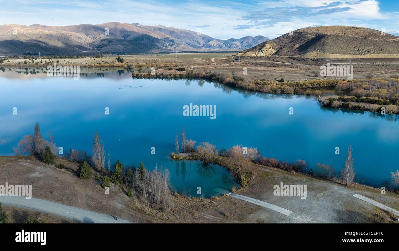 Lake Ruataniwha rowing course scenery viewed from a drone above the ...