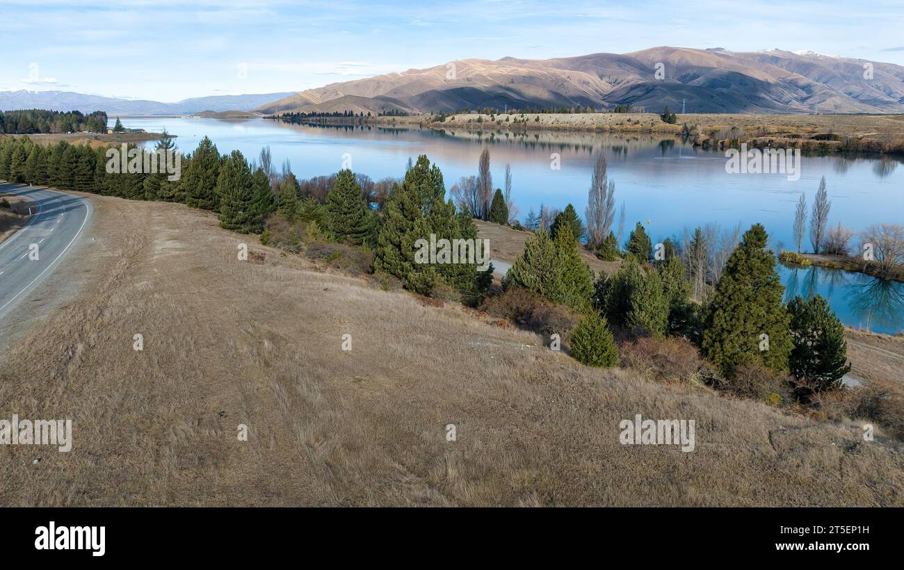 Lake Ruataniwha rowing course scenery viewed from a drone above the ...
