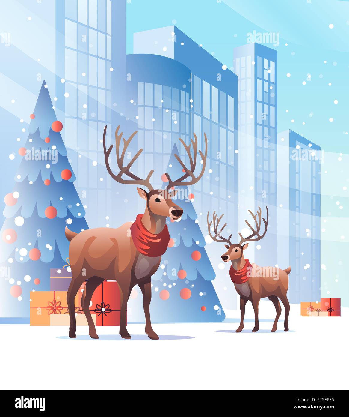 reindeers standing at city street with decorated christmas trees happy ...