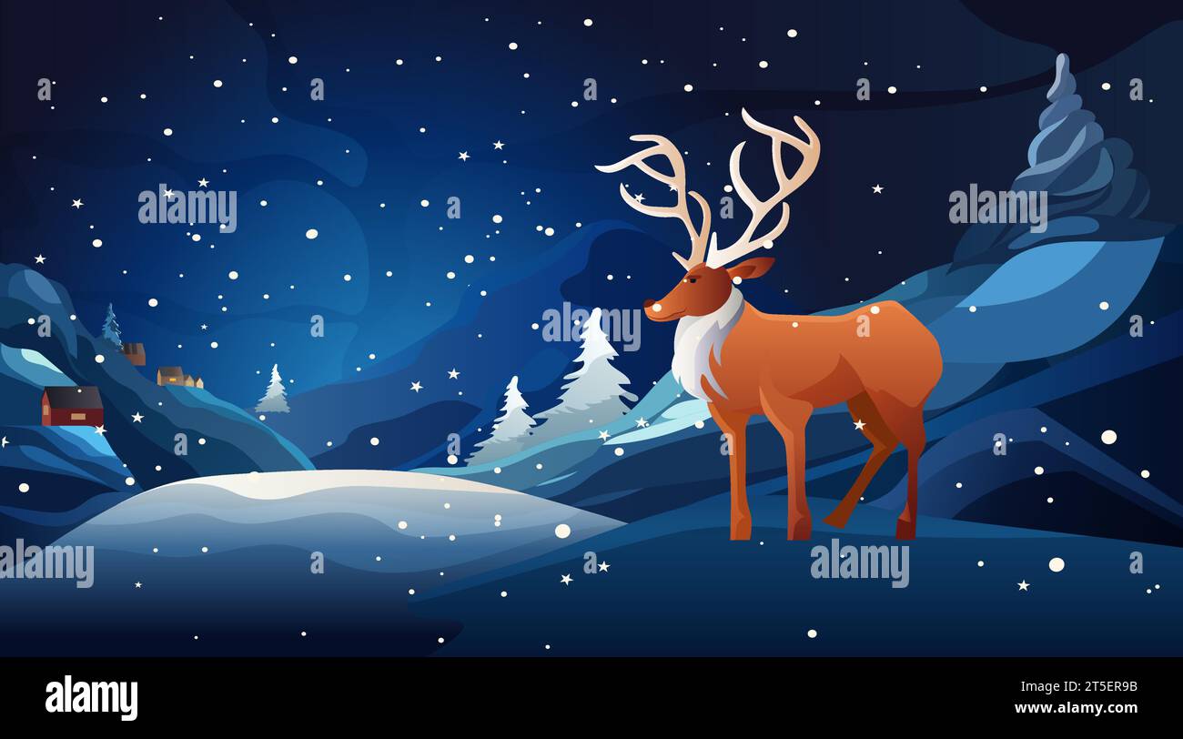 two reindeers standing on snowy mountain happy new year holiday ...