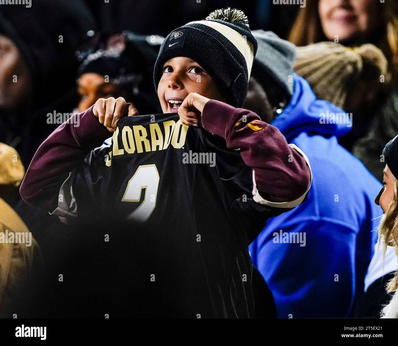 Boulder, CO, USA. 04th Nov, 2023. A young Colorado fan shows off his ...
