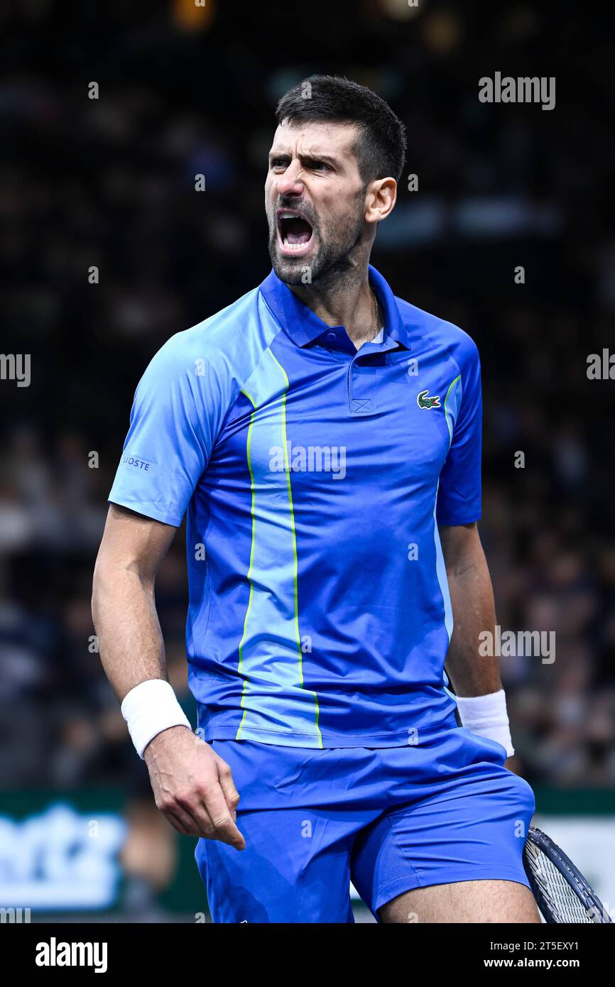 Novak Djokovic of Serbia angry during the Rolex Paris Masters ATP ...