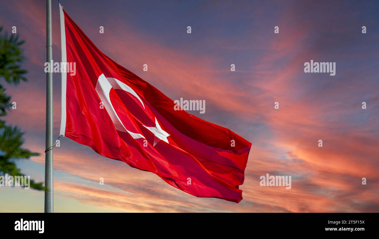 Turkish flag with a sunset background. Background image for national ...