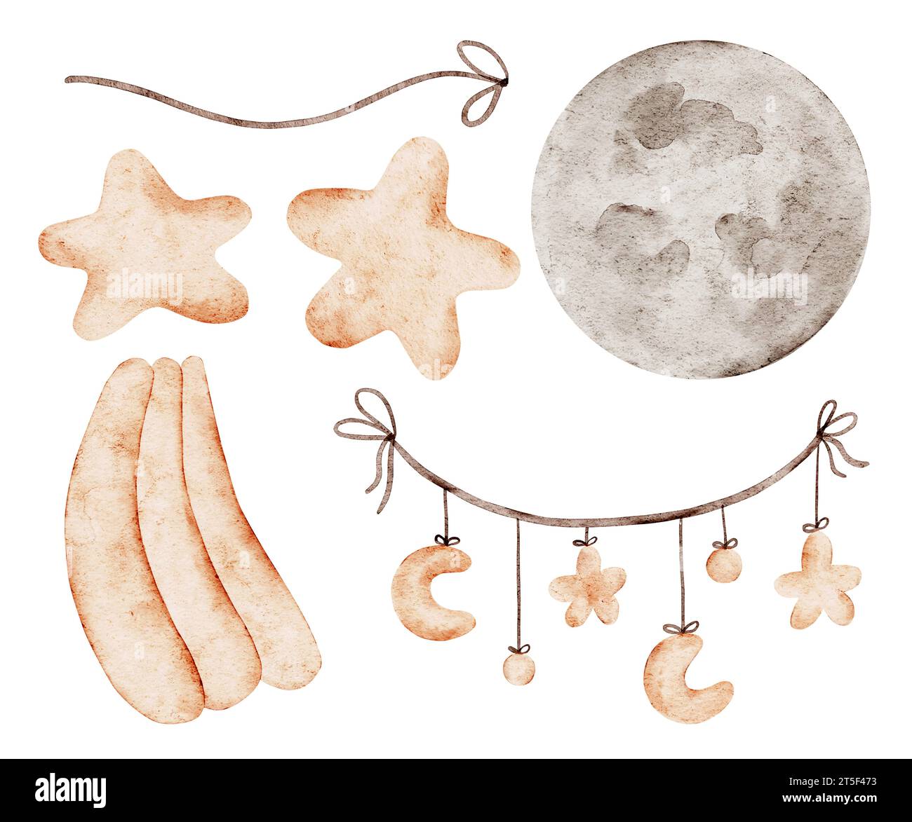 Set of watercolor clipart with stars and moon in neutral colors ...