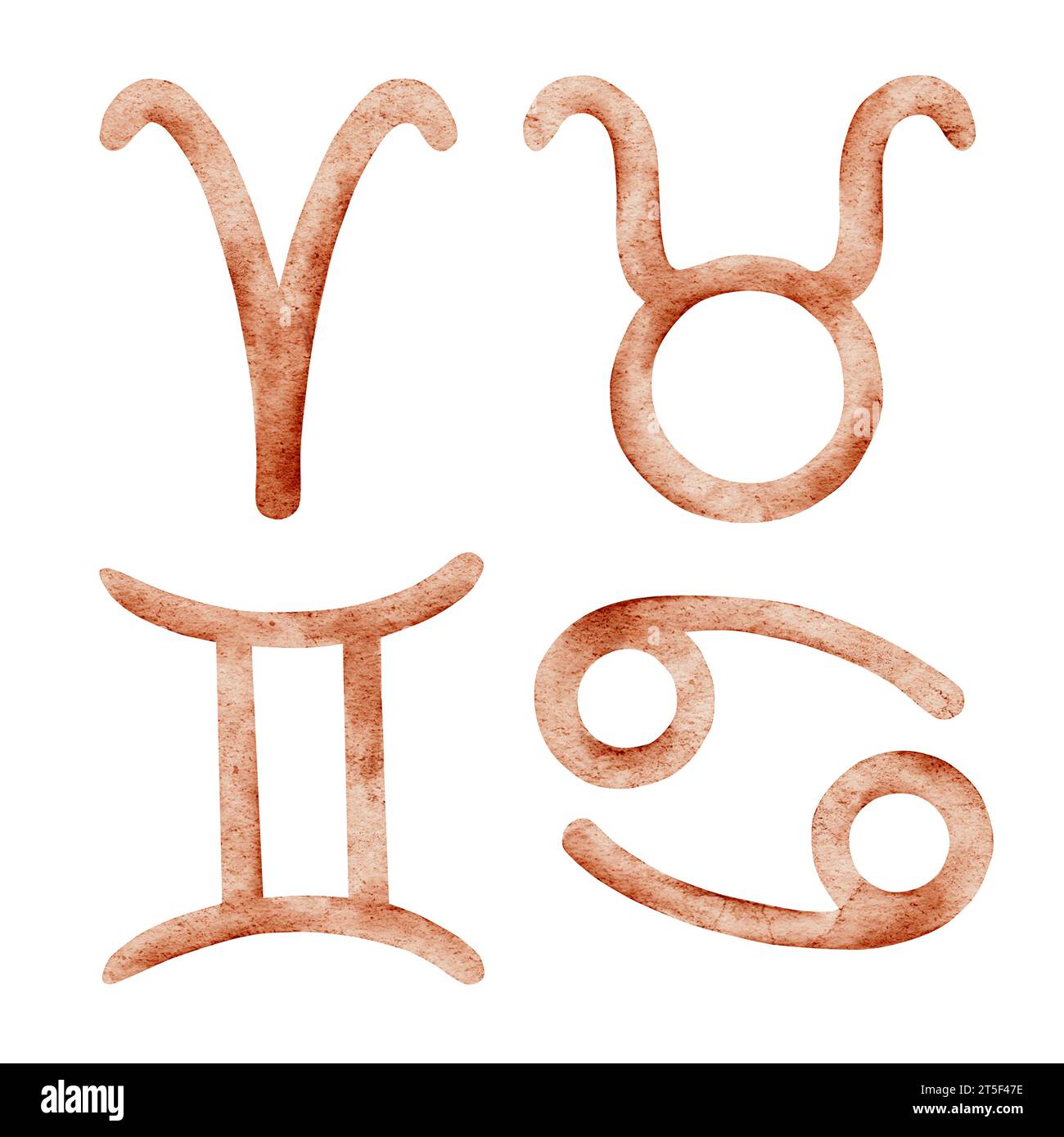 Watercolor zodiac signs: Aries, Taurus, Gemini, Cancer. Set of astrological horoscope symbols ...