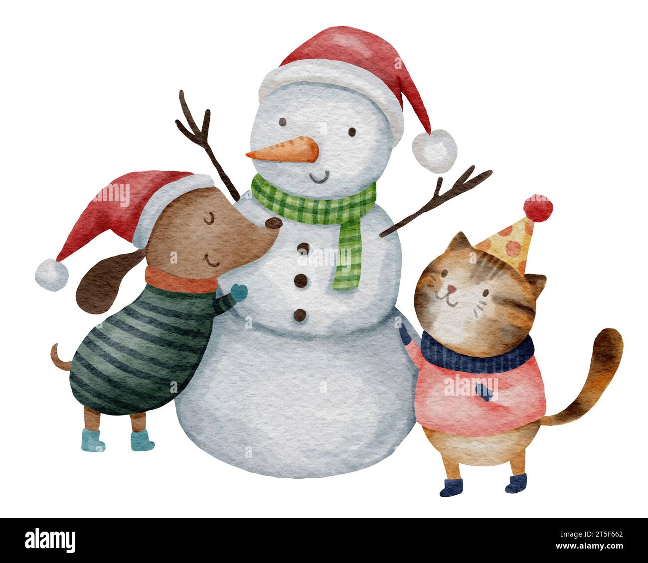 Dog and cat are molding a snowman . Watercolor paint cartoon characters ...