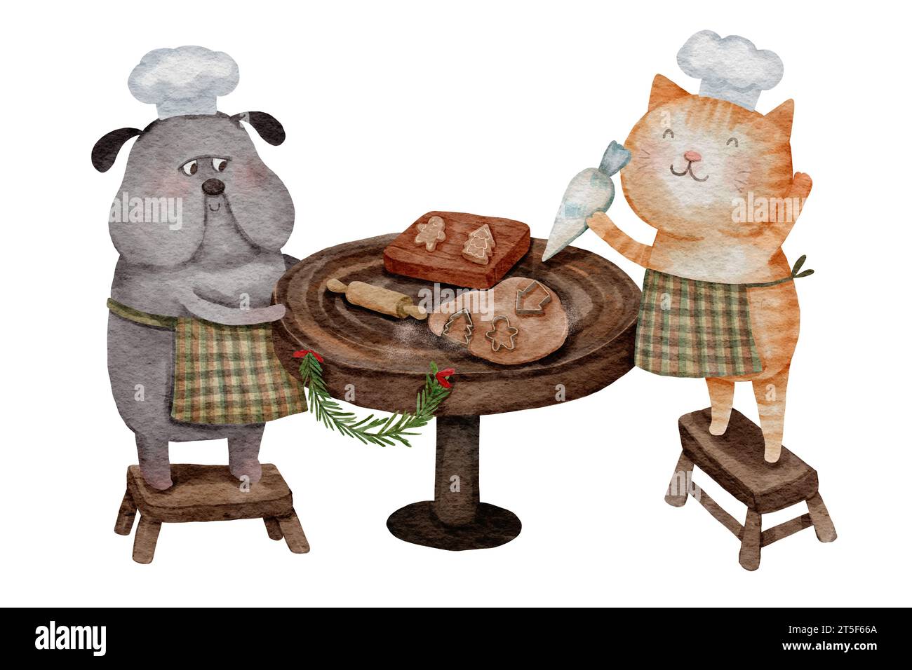 Dog and cat are cooking a gingerbread in kitchen . Watercolor paint ...