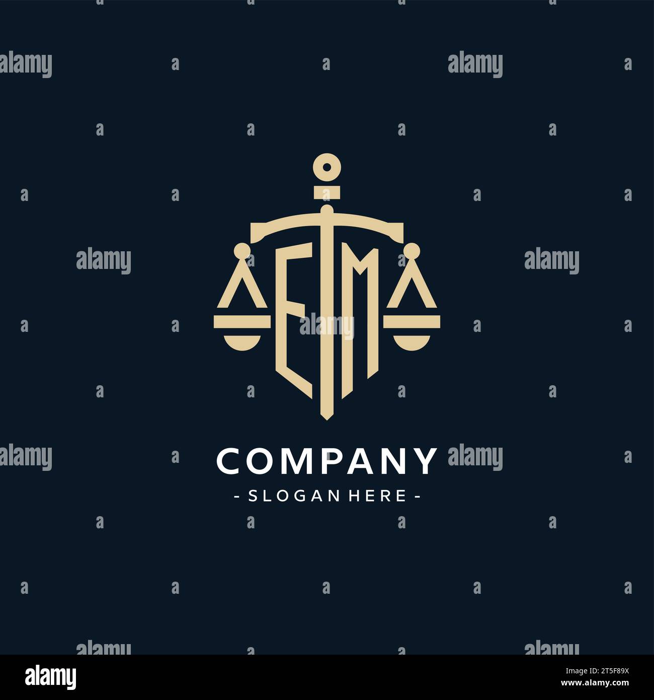 EM initial logo with scale of justice and shield icon, luxury and ...