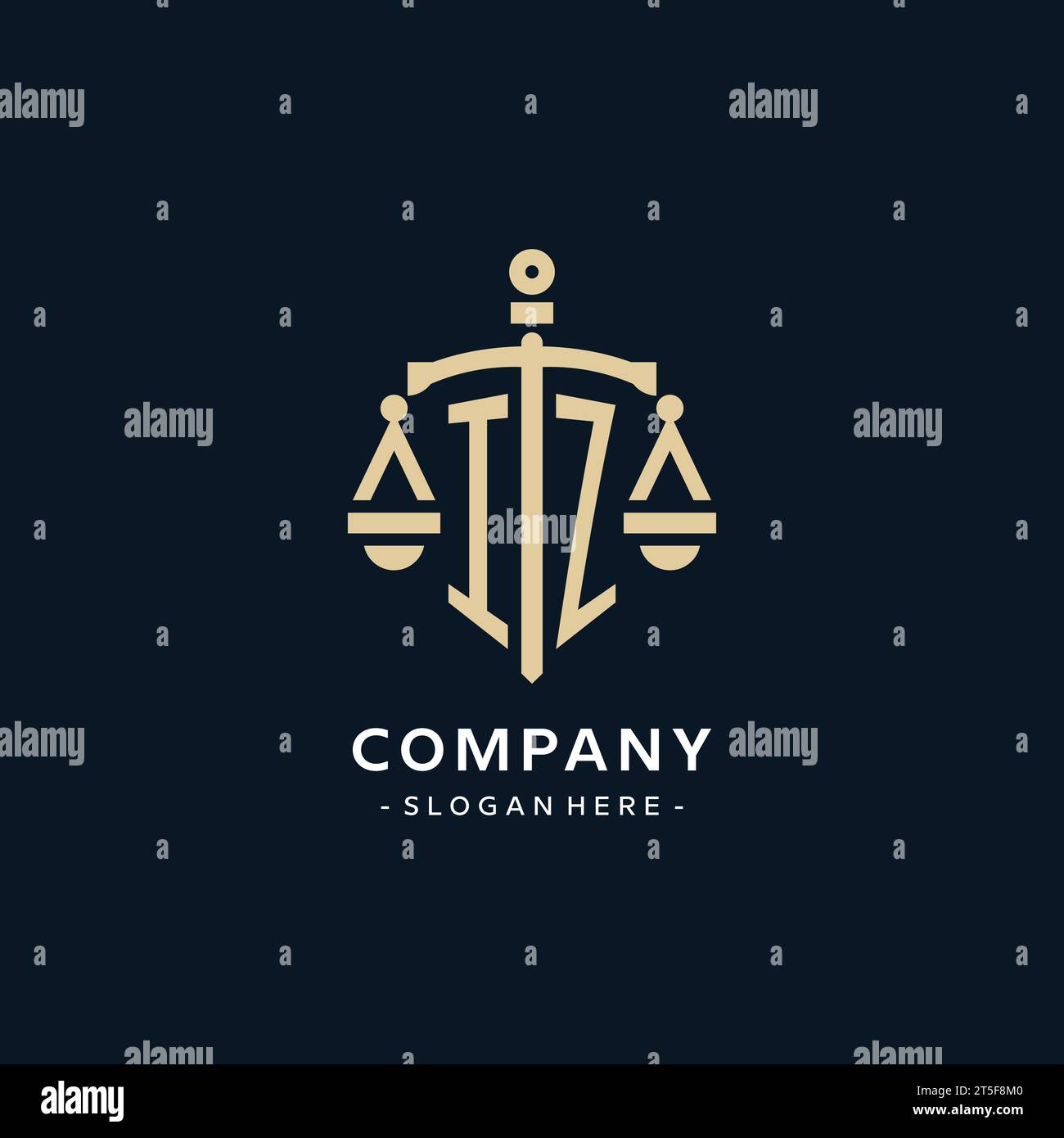 IZ initial logo with scale of justice and shield icon, luxury and ...