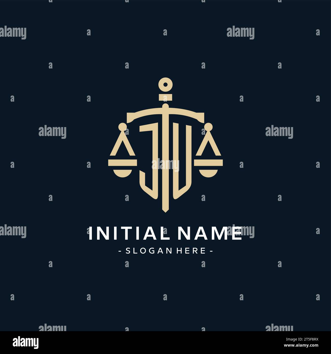JU initial logo with scale of justice and shield icon, luxury and ...
