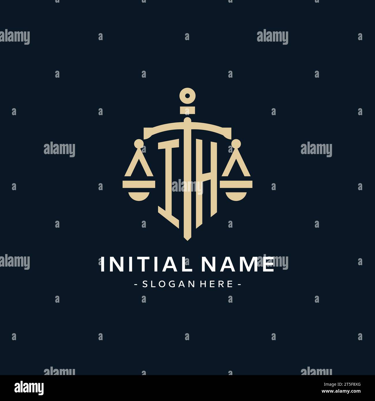 IH initial logo with scale of justice and shield icon, luxury and ...
