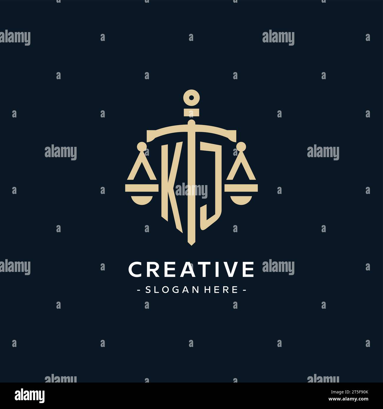 KJ initial logo with scale of justice and shield icon, luxury and ...