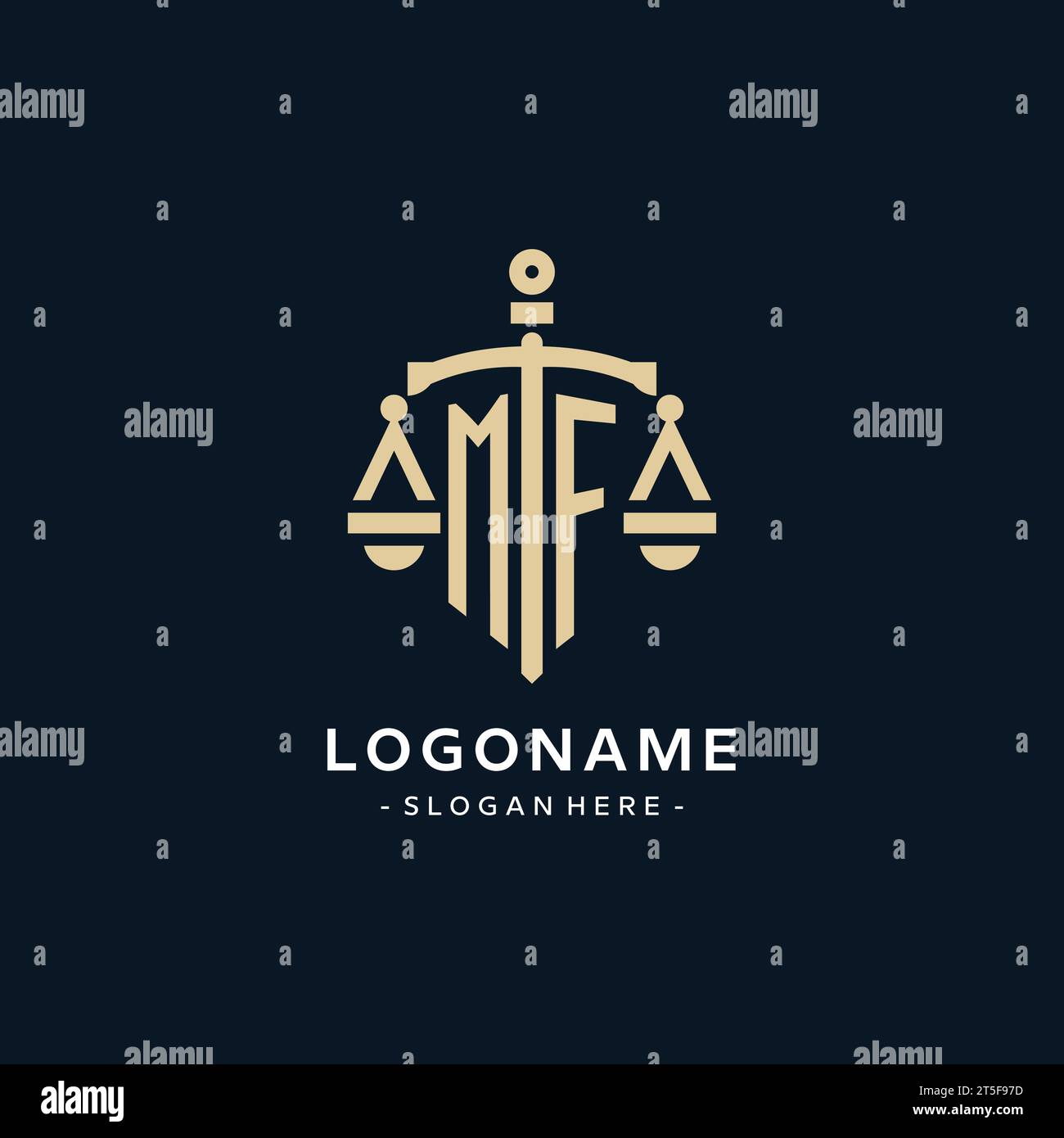 MF initial logo with scale of justice and shield icon, luxury and elegant law firm logo style ...