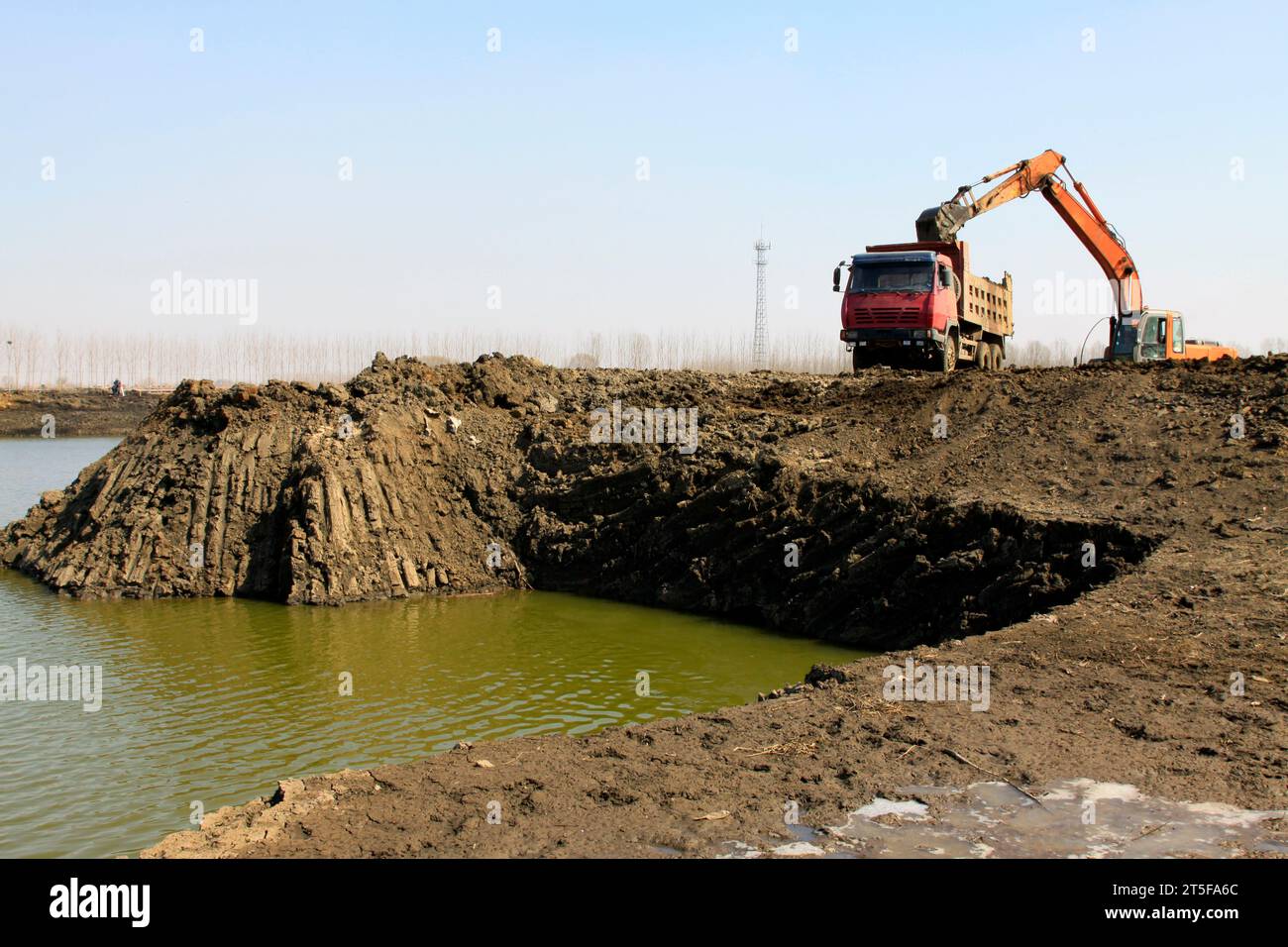busy excavator at the construction site of water conservancy project ...