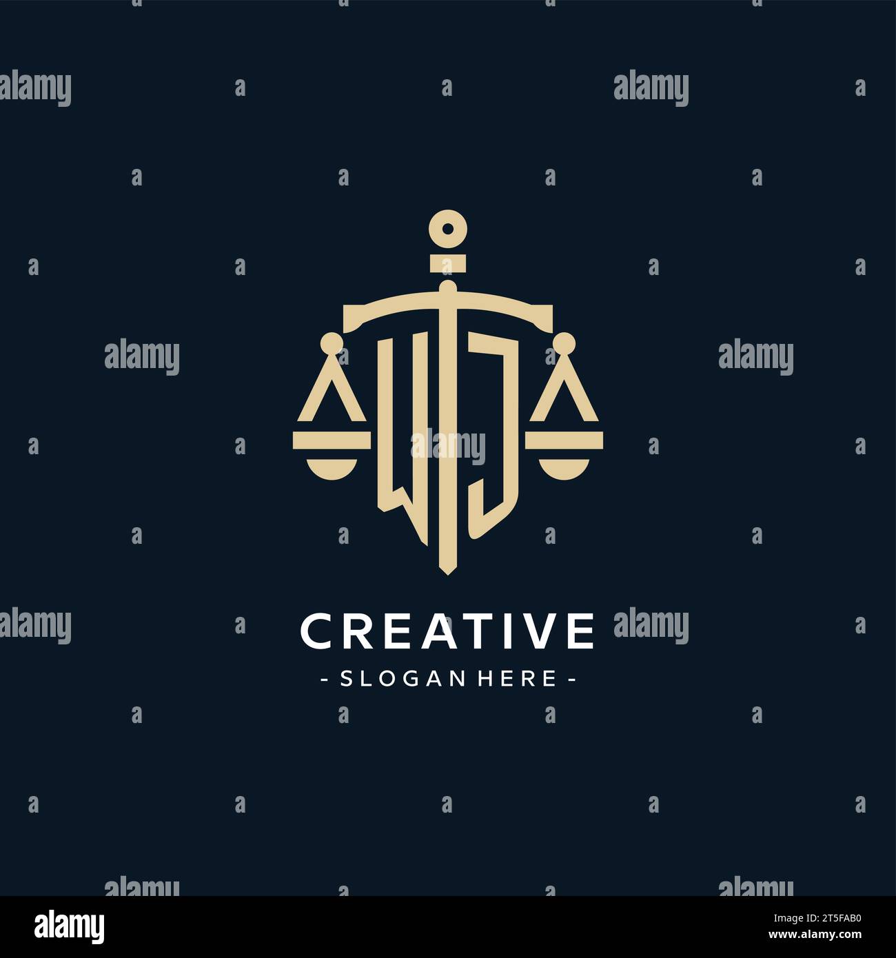 WJ initial logo with scale of justice and shield icon, luxury and ...