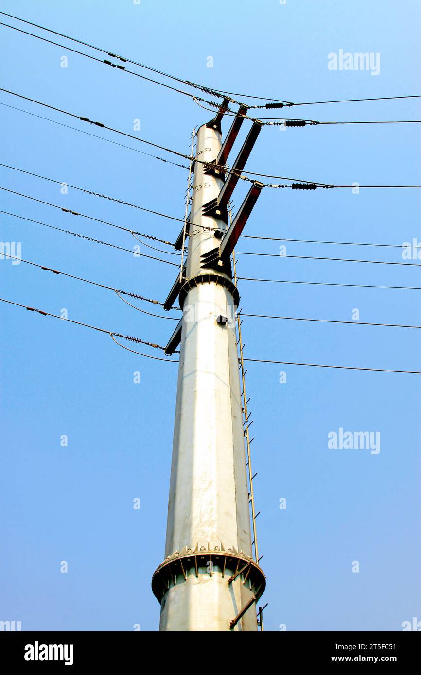 high voltage electric power steel tube tower under the blue sky Stock ...