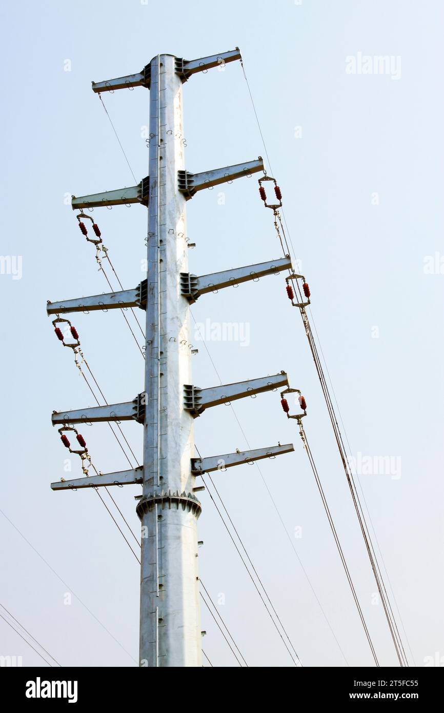 high voltage electric power steel tube tower under the blue sky Stock ...
