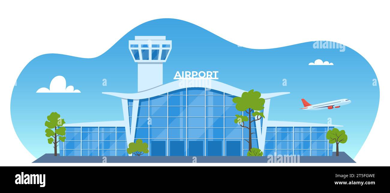 Airport building with flying airplane over tower. Airport terminal ...