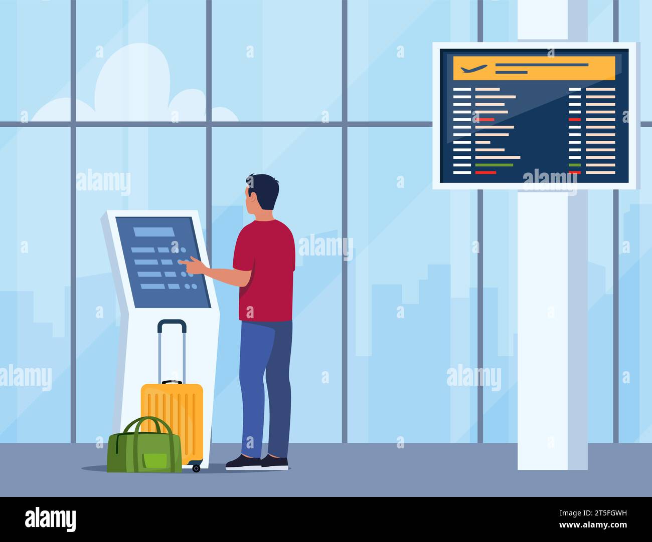 Man self check in at automatic machine in airport terminal. Buying ...