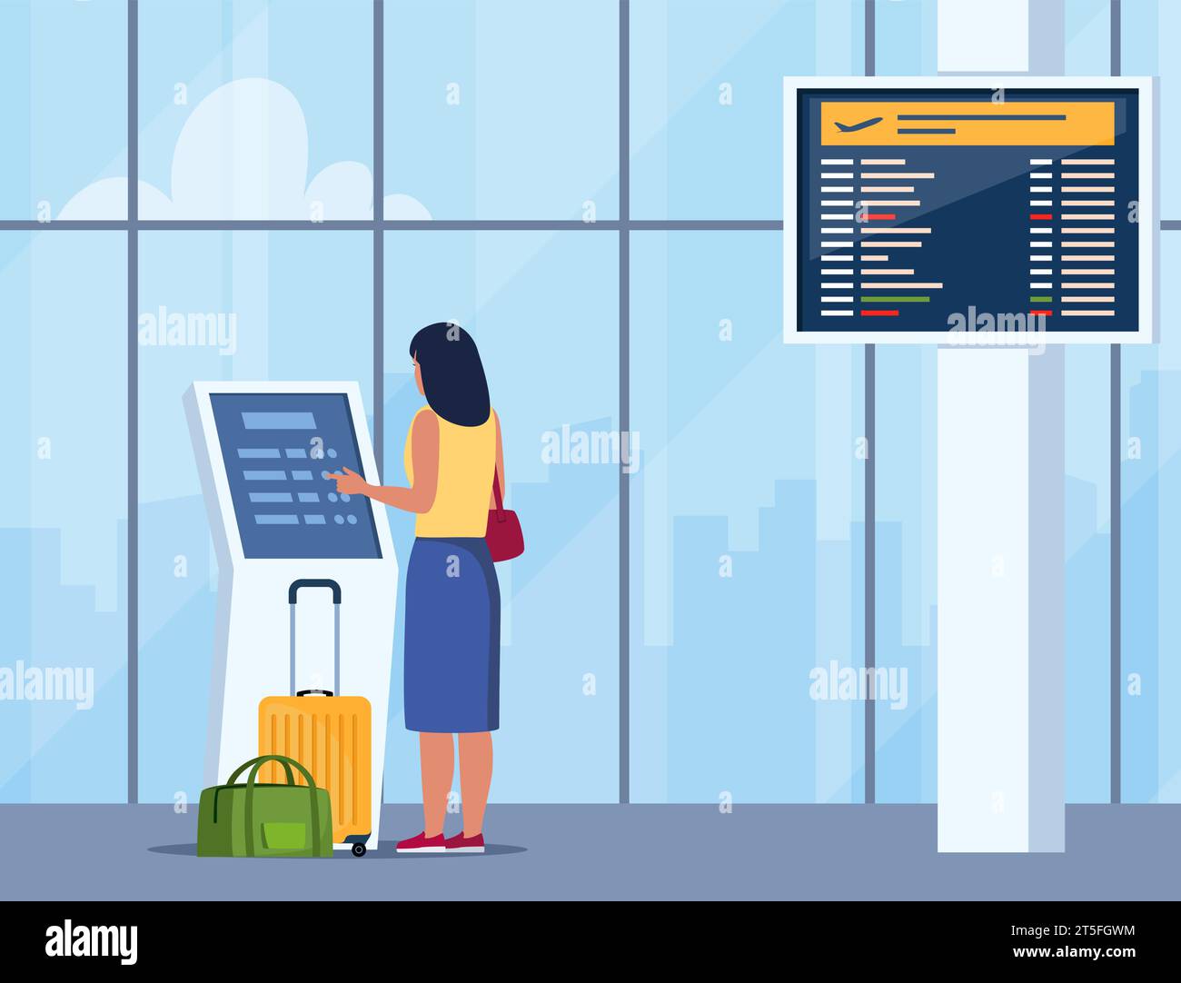 Woman self check in at automatic machine in airport terminal. Buying ...