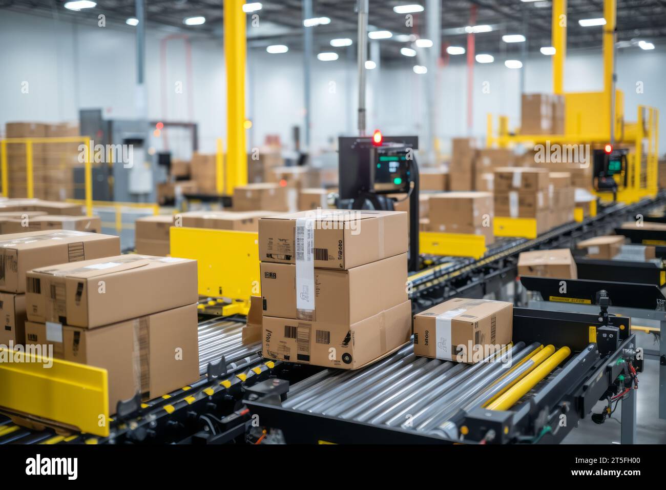 Efficient automated warehouse with continuous flow of cardboard packages on conveyor belt Stock ...