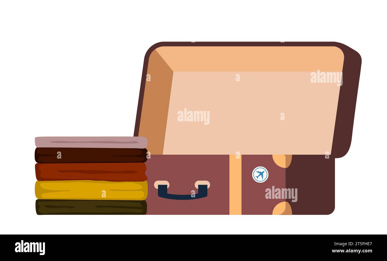 Pile of clothes and suitcase. Packing luggage for business trip or ...