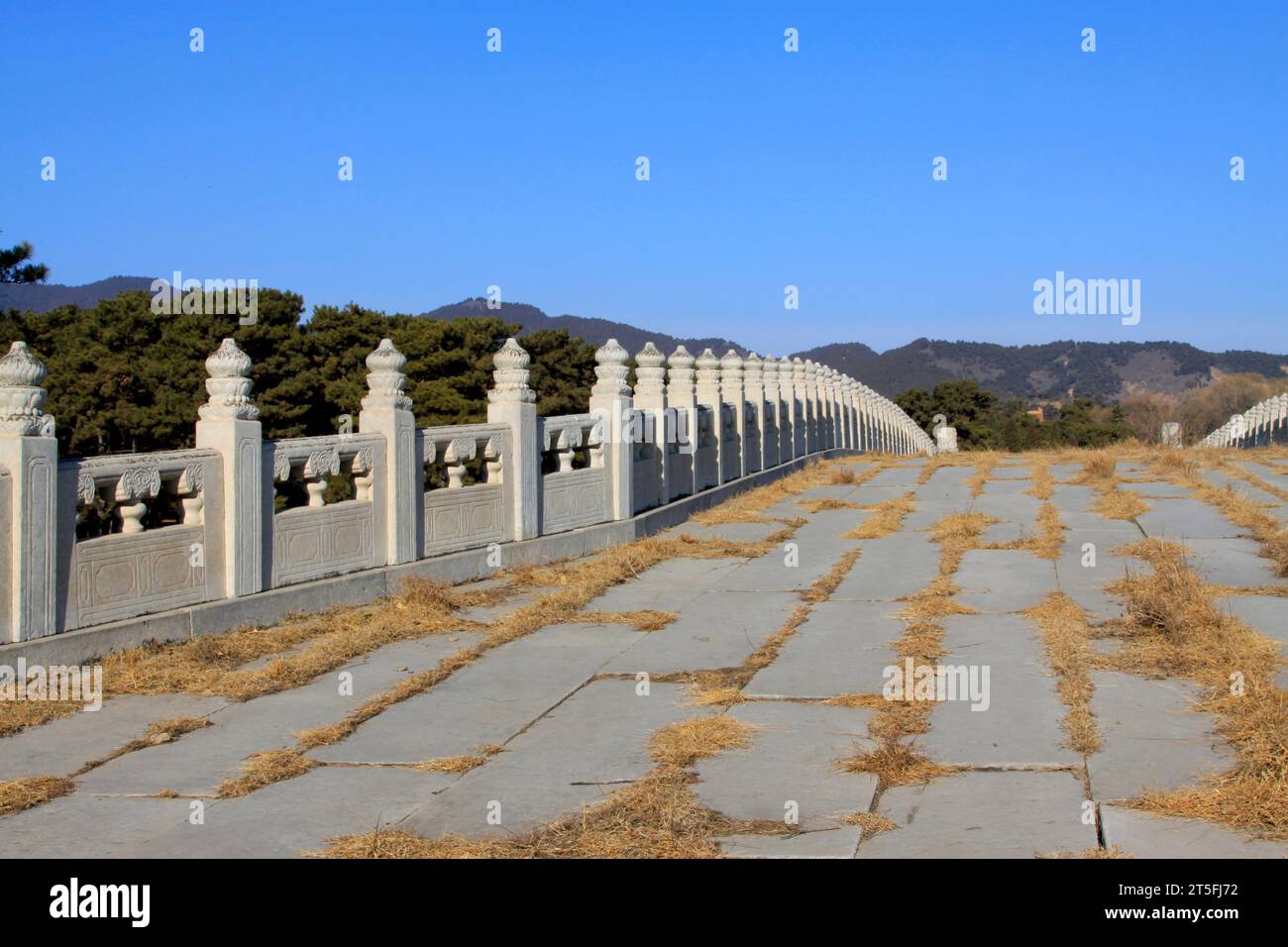 ancient Chinese traditional style of white marble stone bridge railings, in the Eastern Tombs of ...
