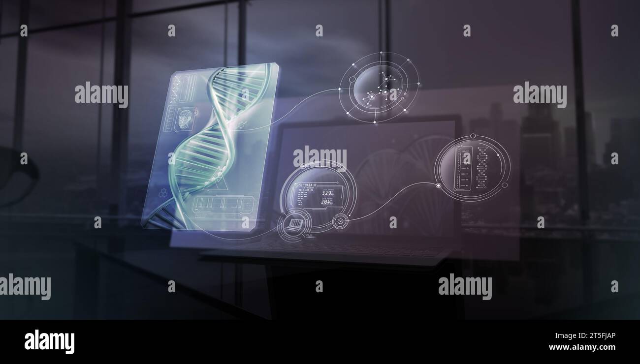 Vertical model of a human DNA spiral on a dark background, 3D rendering ...