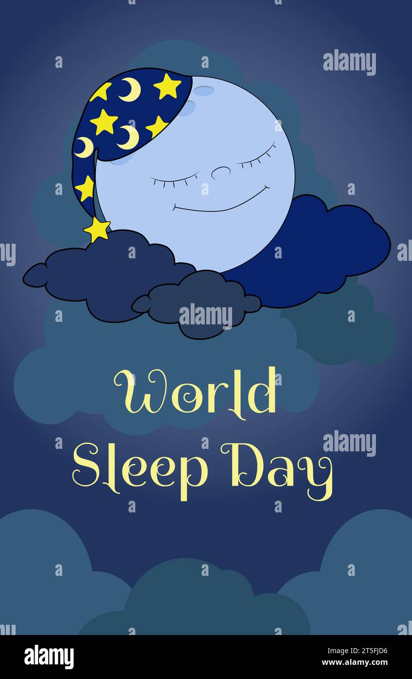 Vertical postcard World Sleep Day.The cartoon round moon in a nightcap ...
