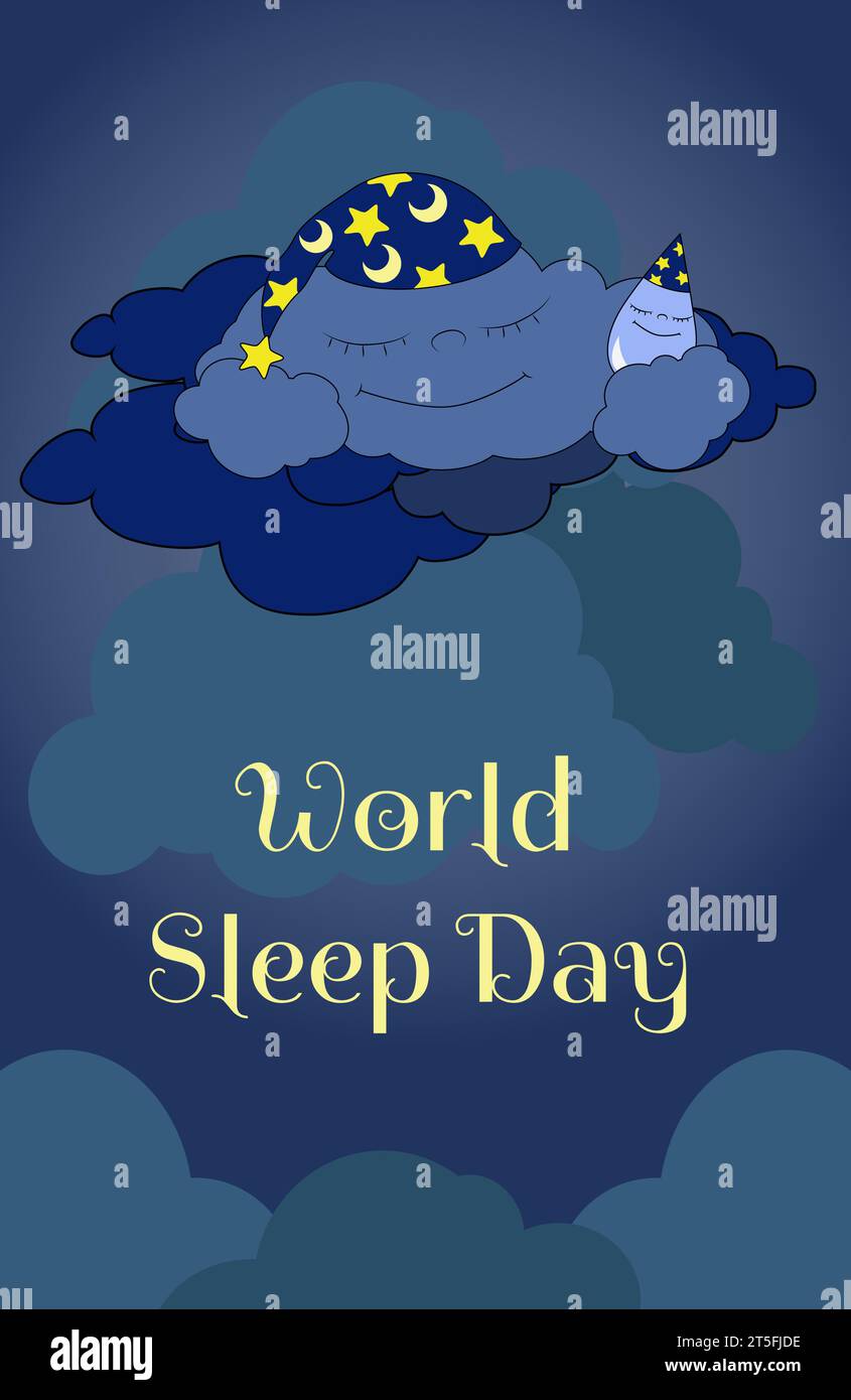 Vertical postcard World Sleep Day.The cartoon thundercloud in a ...