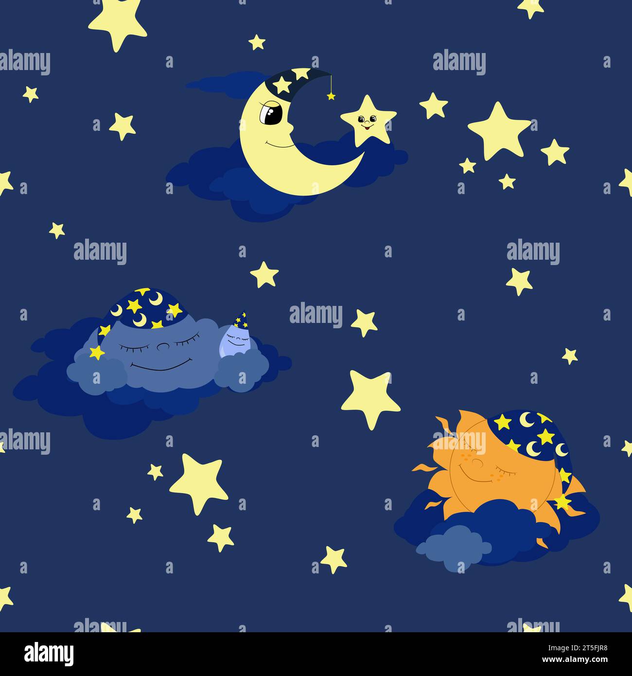 Seamless Pattern Moon And Sleeping Sun And Sleeping Cloud In Nightcaps