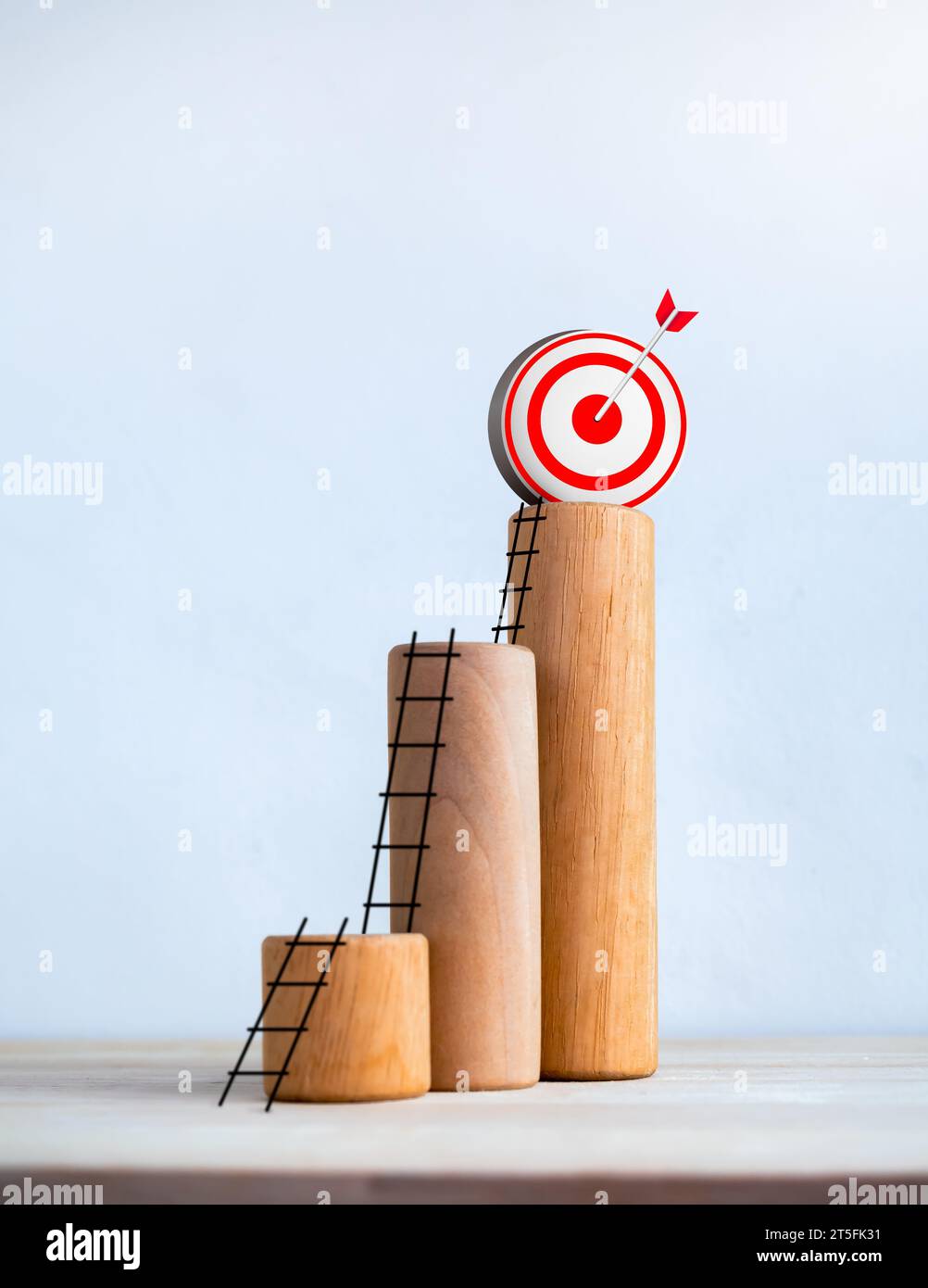 3d Target icon on wooden sticks bar graph chart steps with ladders to ...