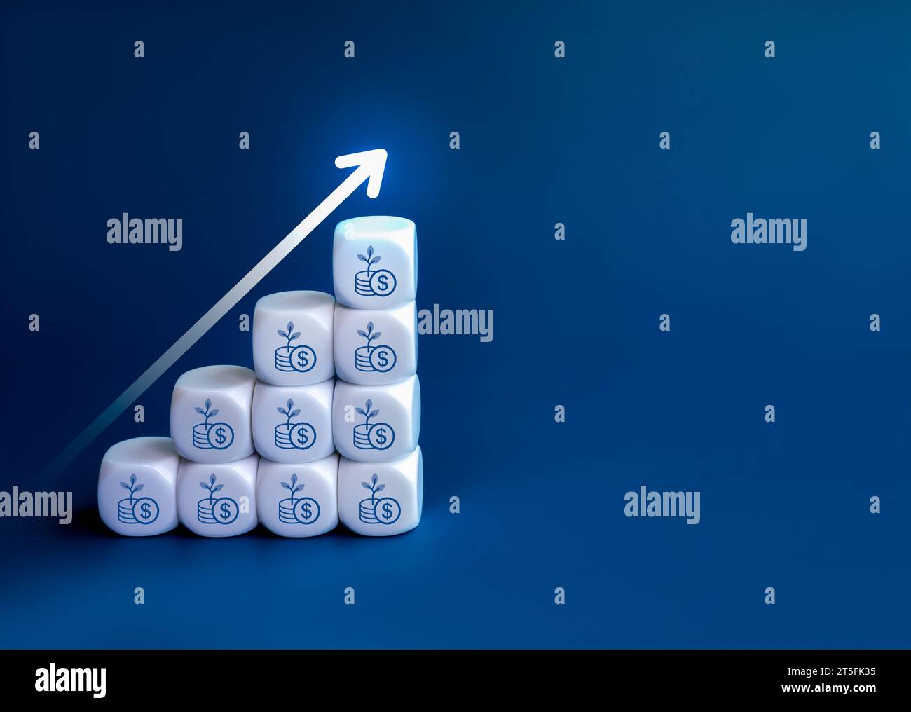 Rising up arrow on white cube blocks with seedlings and coins, savings ...