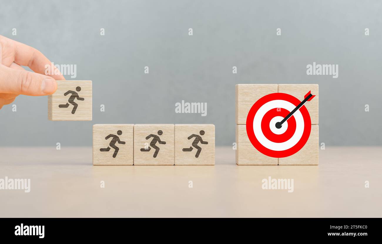 Common goal success concept. Teamwork running to goal and achieve ...