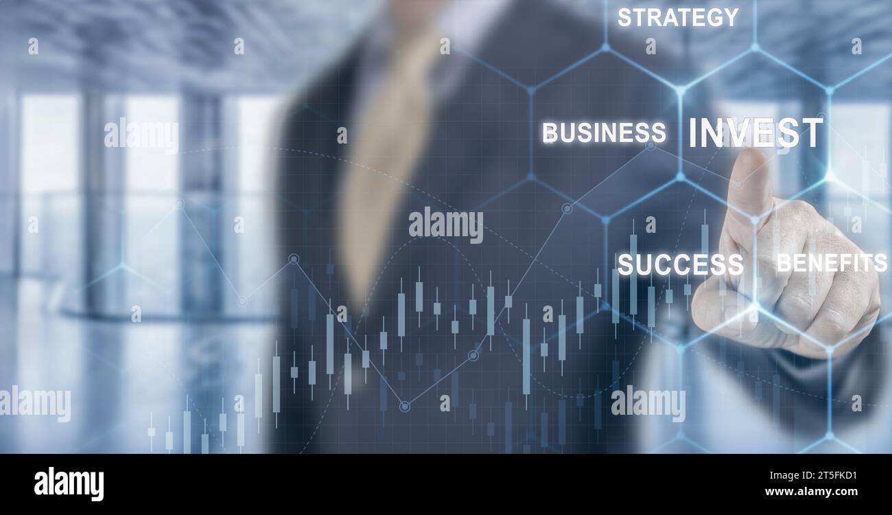 success investment. businessman clicks invest on virtual screen ...