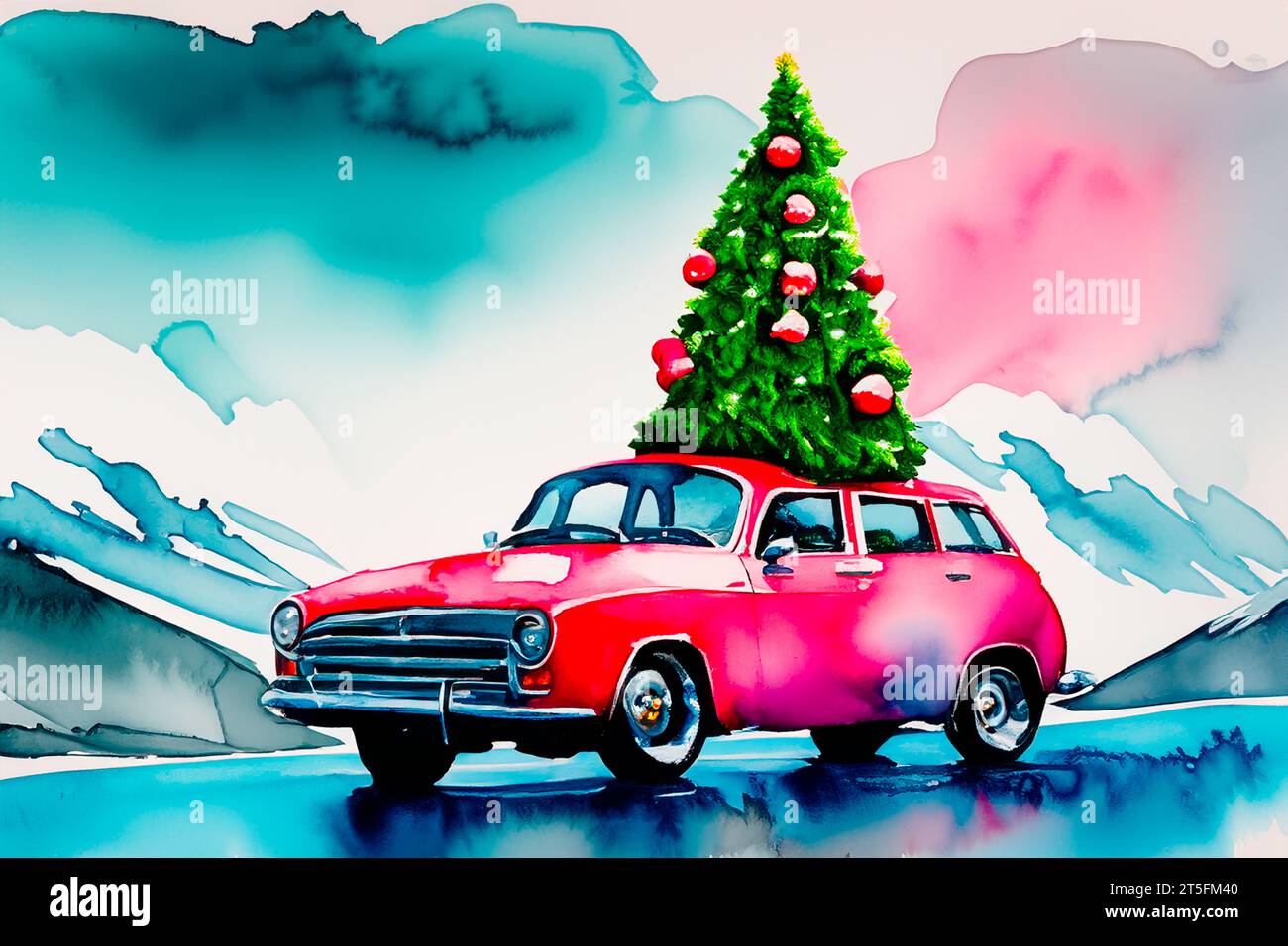 Red car with Christmas tree on top driving on the road in water color ...