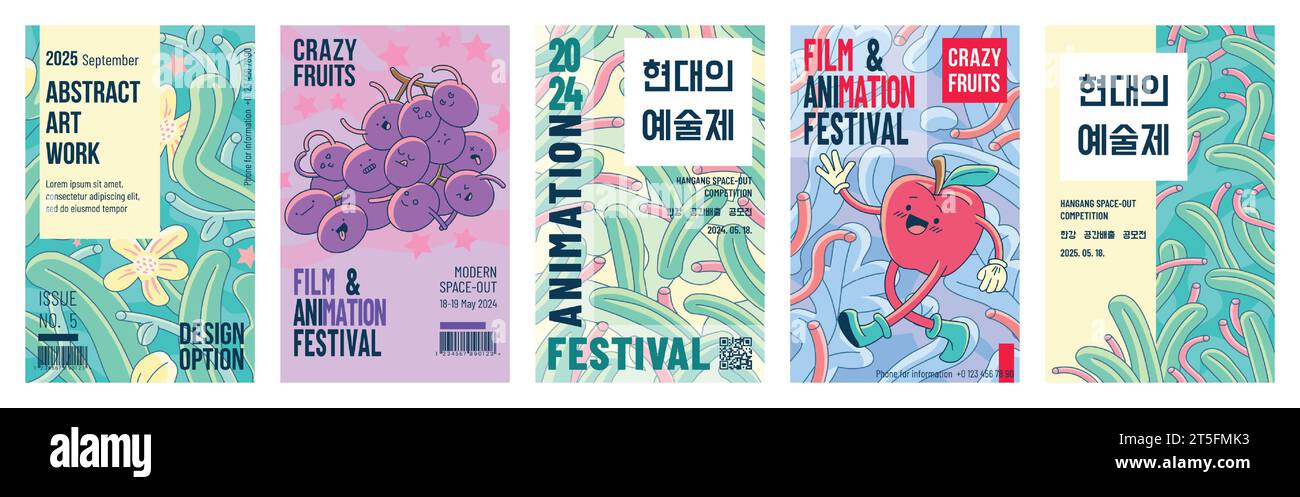 Happy posters. Funny characters, birthday patterns, cute music set with ...