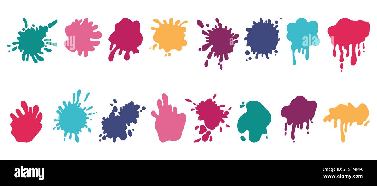 Paint stains. Colorful splash, splat drops, color ink drip, liquid ...