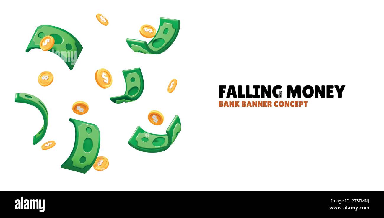 Falling money. 3d dollar, golden coins and green bill, sale sign ...